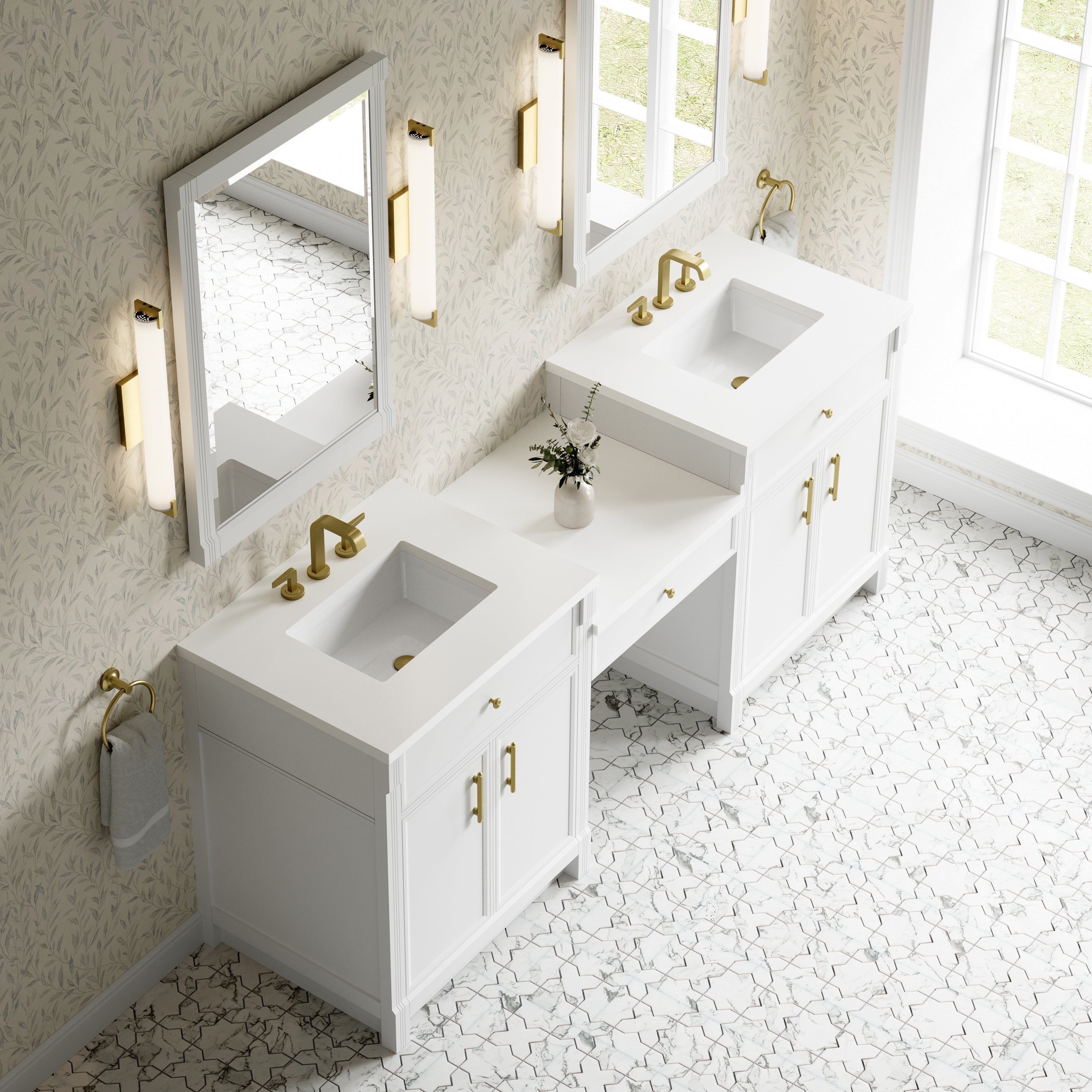 Bellshire 84" Dual Vanity Set with 24" Make-Up Counter in Bright White ...