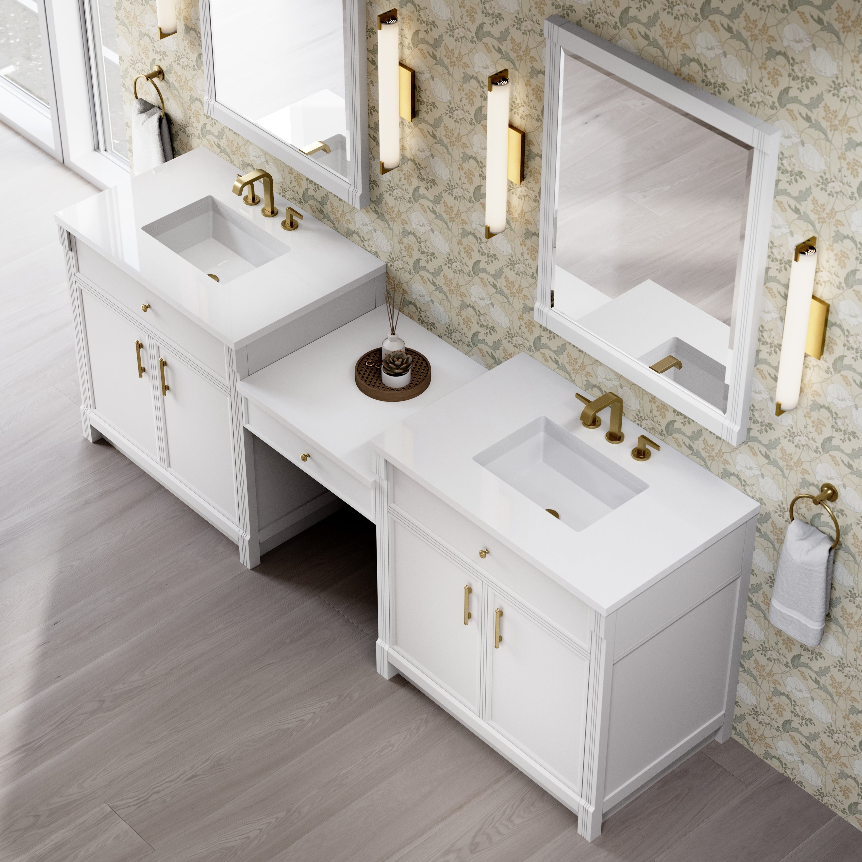 Bellshire 96" Dual Vanity Set with 24" Make-Up Counter in Bright White ...